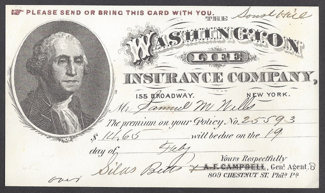 WASHINGTON LIFE INSURANCE COMPANY Policy Notice Card ~ Geo. Washington ...