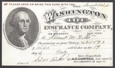 WASHINGTON LIFE INSURANCE COMPANY Policy Notice Card ~ Geo. Washington ...