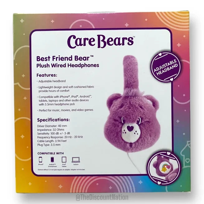 CARE BEARS BEST FRIEND BEAR PLUSH FUZZY WIRE HEADPHONES PURPLE NEW IN ...