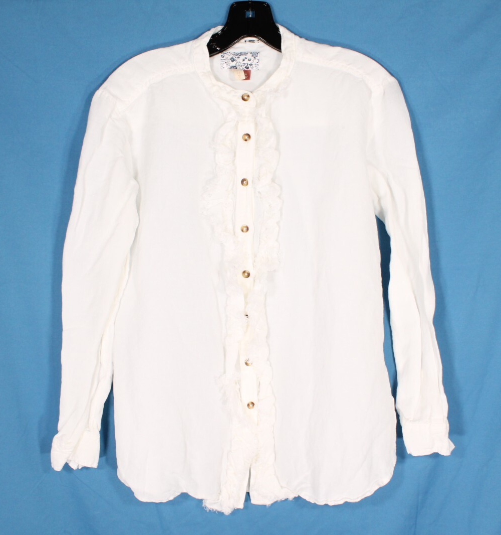 PILCRO Anthropologie LINEN BLEND Button-Up FRAYED RUFFLE Placket Shirt ...