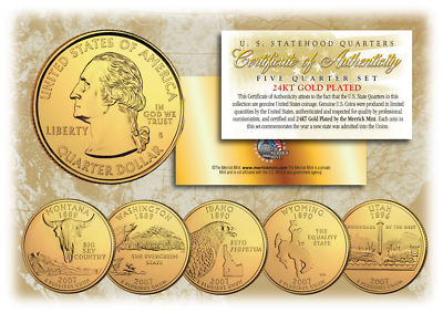 2007 US Statehood Quarters 24K GOLD PLATED ** 5-Coin Complete Set ** w ...