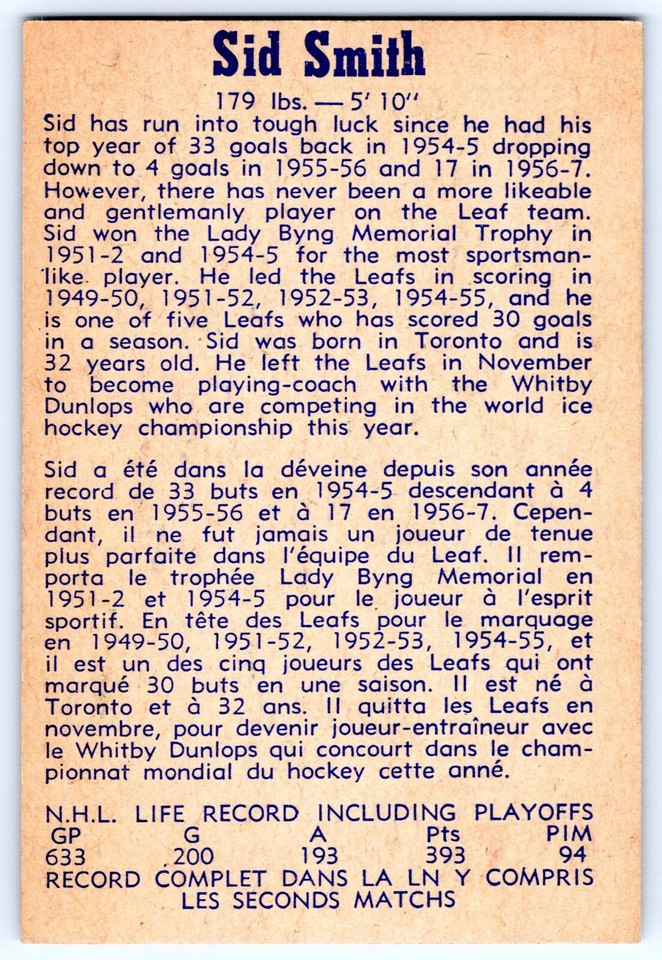 SID SMITH 1957-58 PARKHURST NO T 10 NRMINT 93495 | eBay