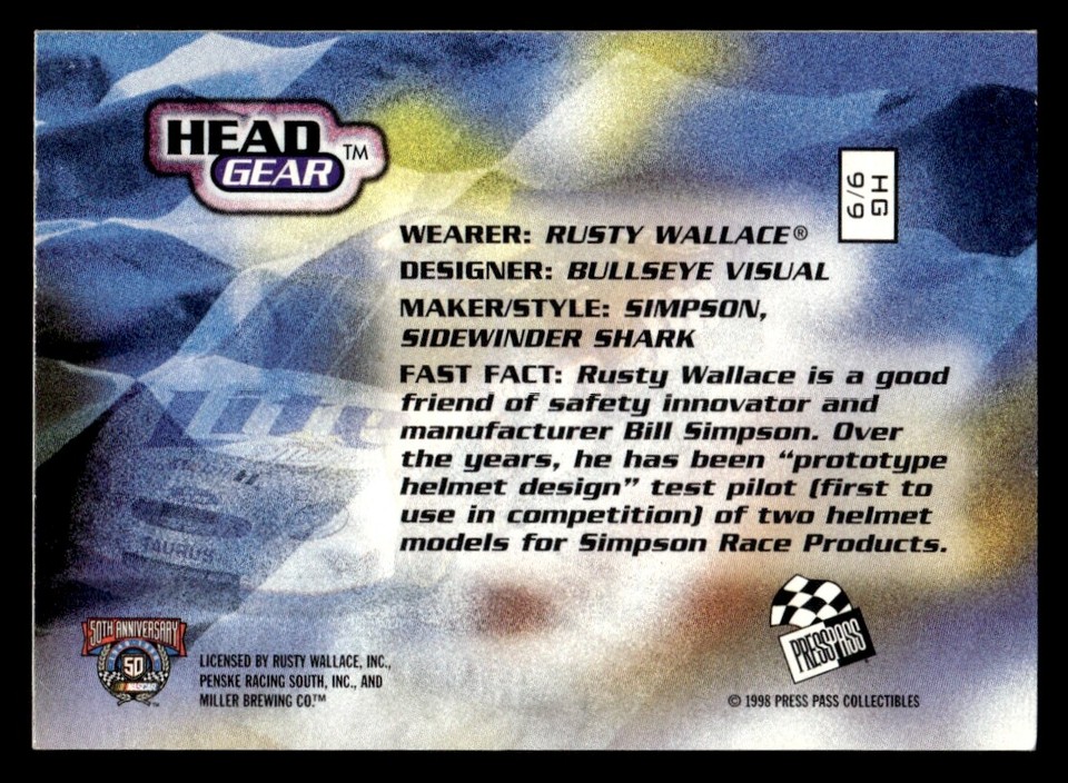 Press Pass VIP Rusty Wallace 1998 NASCAR Head Gear #HG9 | eBay
