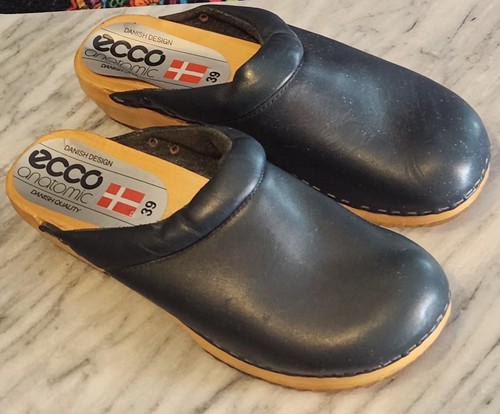 Vintage Ecco Anatomic Danish Blue Leather Clogs With Wooden Soles Sz39 ...