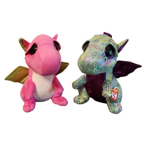 TY Beanie Boos 10" Dragon Lot Pink Darla Green Cinder 2 Dragons Big ...