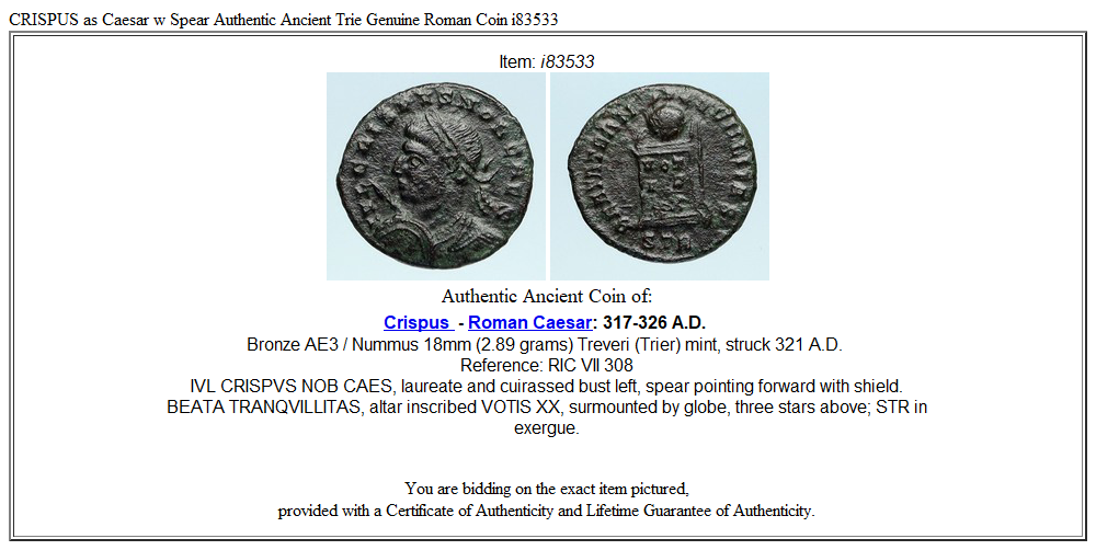 CRISPUS as Caesar w Spear Authentic Ancient Trie Genuine Roman Coin ...