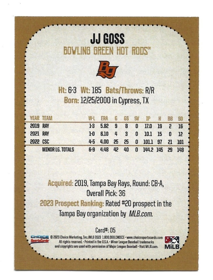 JJ Goss ROOKIE 2023 Choice Top Prospects #05 Bowling Green Hot Rods | eBay