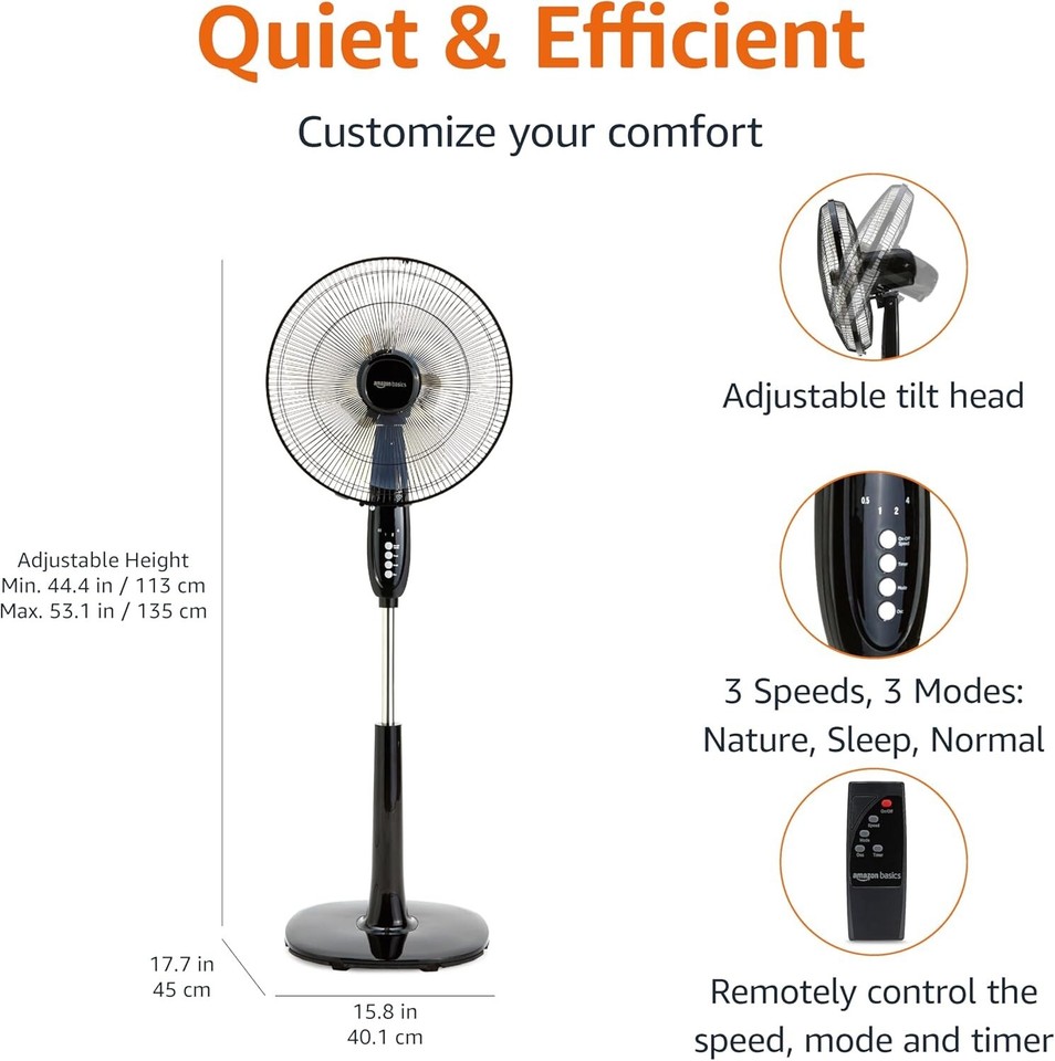 Whisper-Quiet 3-Speed Oscillating Fan with Adjustable Height and Remote ...