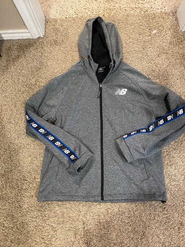 Mens New Balance Jacket w/Hood Windbreaker Large Lined Gray Black Blue ...