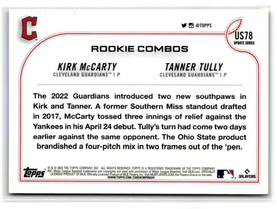 Tanner Tully / Kirk McCarty Guardians 2022 Topps Update Gold Foil #US78 ...