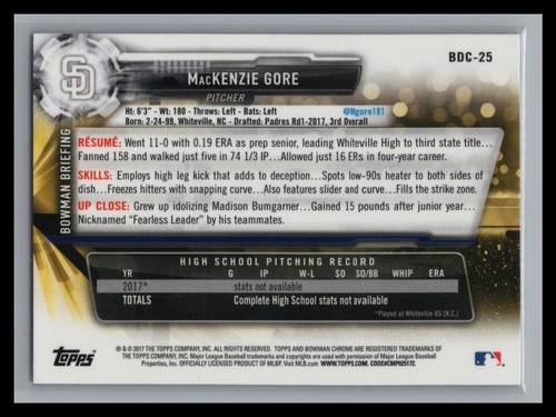 2017 Bowman Draft #BDC-25 MacKenzie Gore 1st Chrome Rookie RC San Diego ...