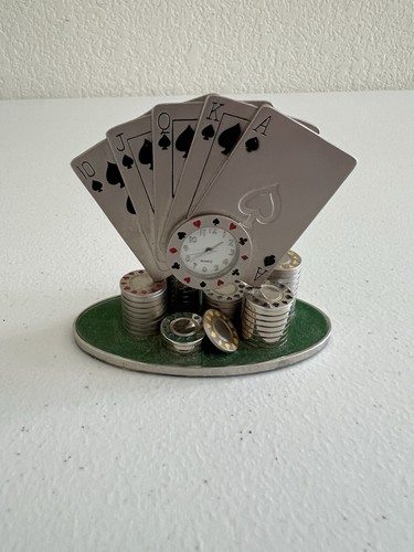 Poker Cards Chips Gambling Casino Royal Flush Spades Silver Desk Clock ...
