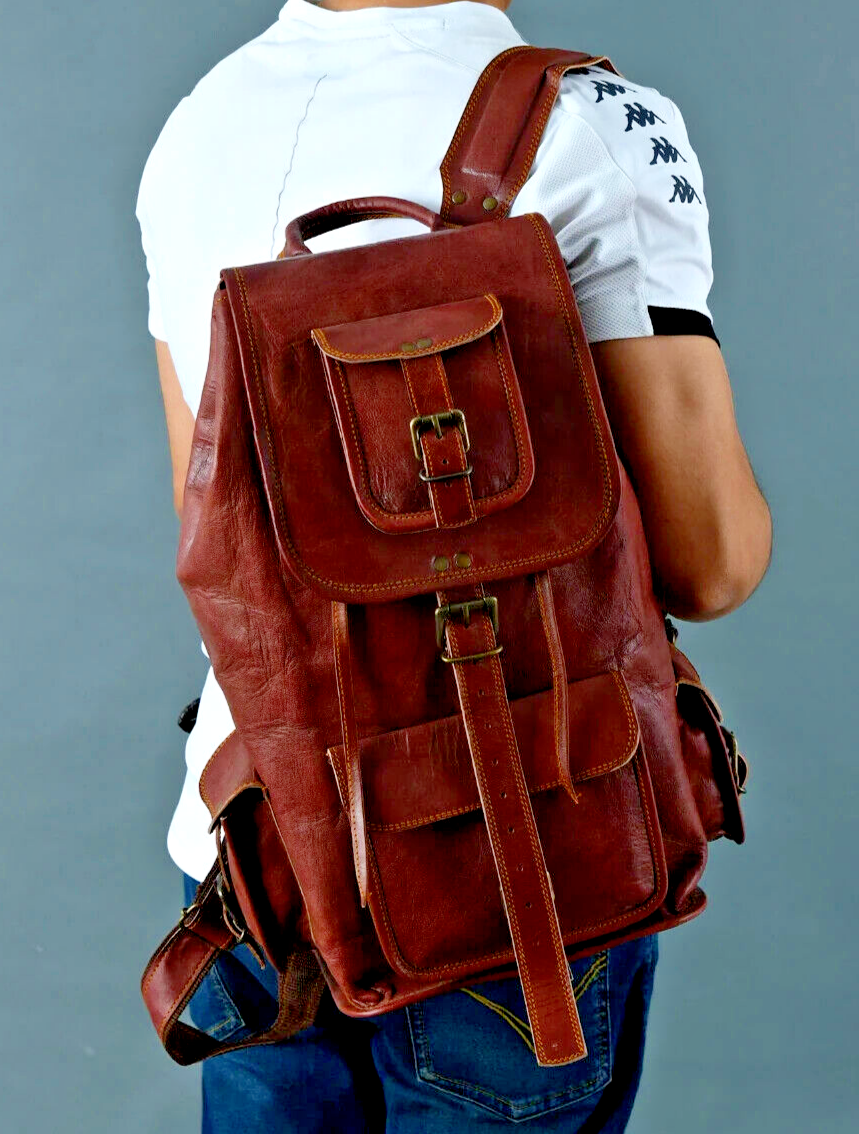 18" Handmade Real Leather Backpack Laptop Rucksack Daypack Unisex ...