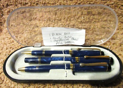 VINTAGE SET PENS-2 BIROS-BLUE & BLACK+PROPELLING PENCIL+CASE+LETTERS ...