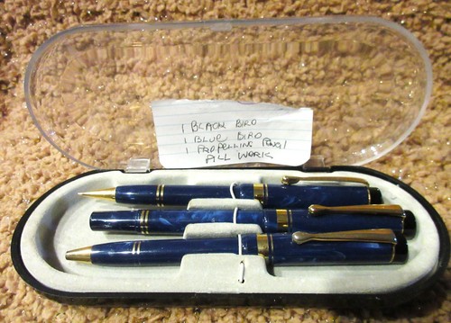 VINTAGE SET PENS-2 BIROS-BLUE & BLACK+PROPELLING PENCIL+CASE+LETTERS ...
