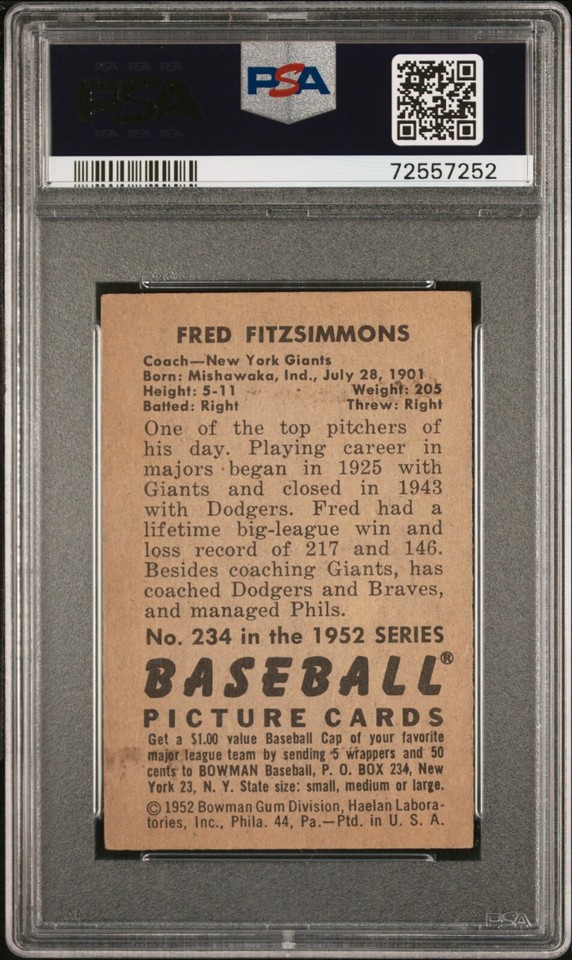 PSA 4 VG EX 1952 BOWMAN FRED FITZSIMMONS #234 GIANTS 57252 SD272 | eBay