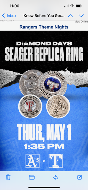TEXAS RANGERS COREY SEAGER WORLD SERIES CHAMPS DIAMOND DAYS RING 5/1/25 ...