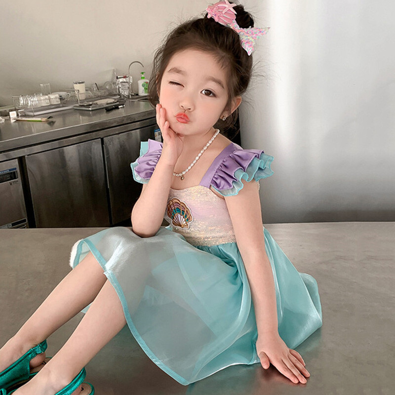 Girl Mesh Splicing Tank Dresses Sequin Sleeveless Ruffle Mermaid ...