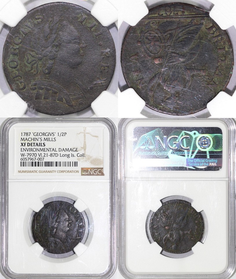 1787 1/2p W-7970 VI.21-87D Machin's Mills Colonial Half Penny NGC XF ...