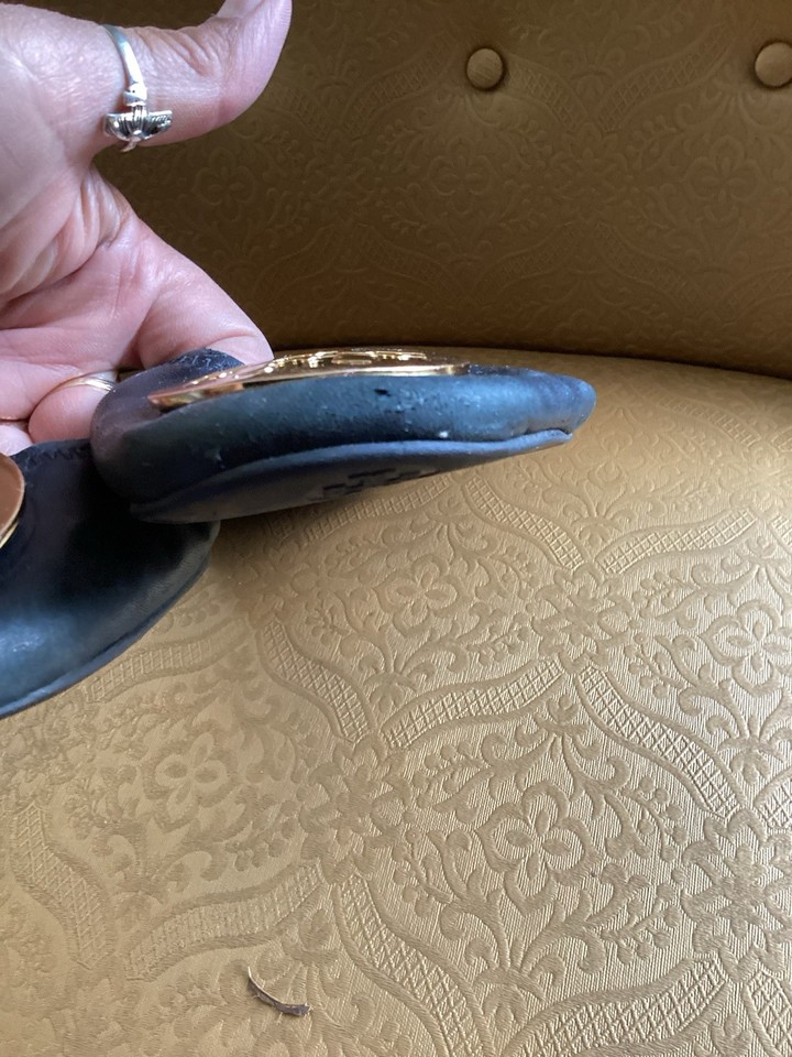 TORY BURCH Black Leather Ballet Flats Gold Logo Medallion Slip On Shoes ...