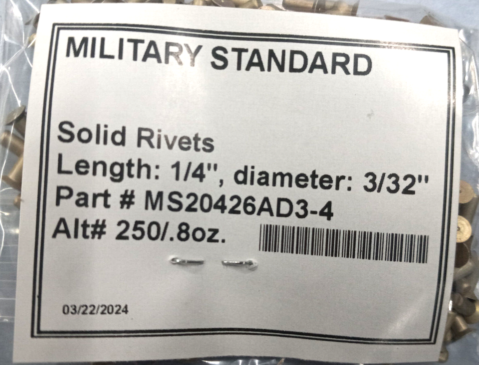 MS P/N MS20426AD3-4 SOLID RIVETS Length: 1/4", diameter: 3/32" (250 ...