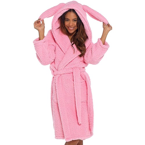 Women's Luxurious Fluffy Fleece Pink Robe Winter Sherpa Hooded Dressing ...