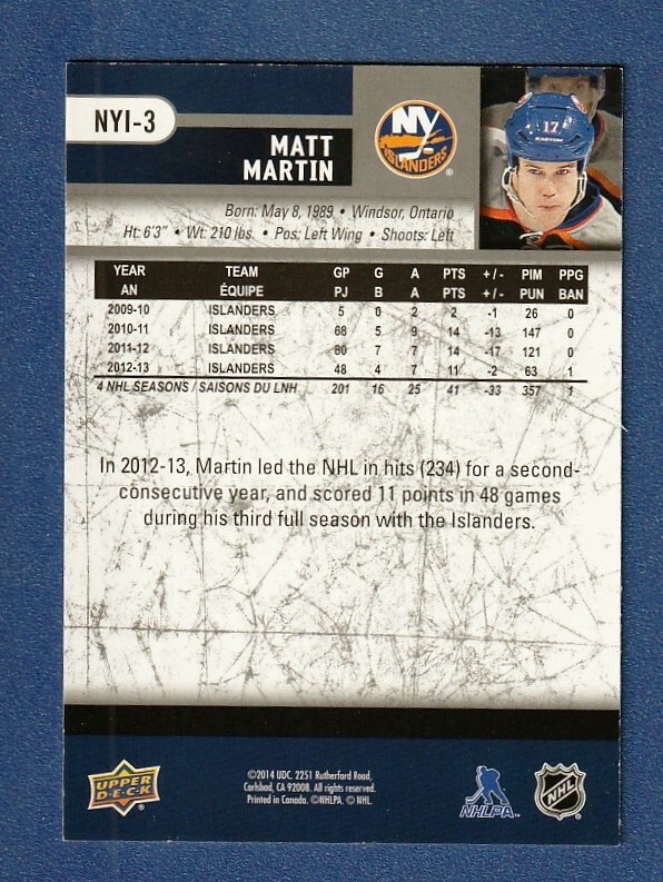 MATT MARTIN 2013-14 Upper Deck PROMO Arena Giveaway #NYI-3 Islanders ...