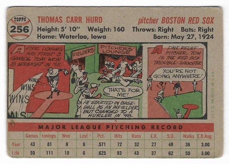 TOM HURD 1956 Topps #256 Boston Red Sox SALE GOES TO GOOD CAUSE 🔥⚾🔥 | eBay