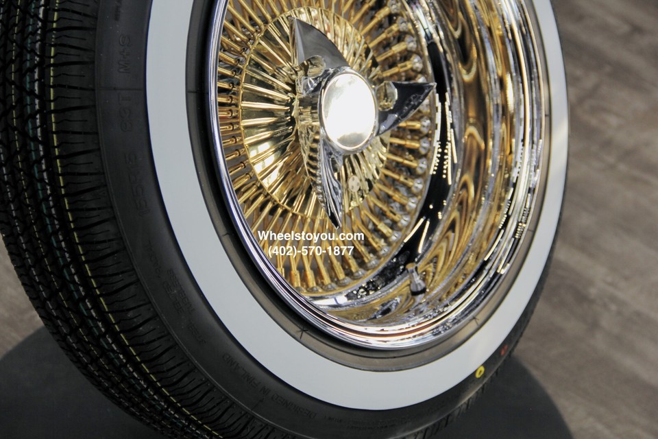 New Set (4) 15x7" GOLD & CHROME 100 SPOKE WIRE WHEELS WIDE WHITEWALL ...