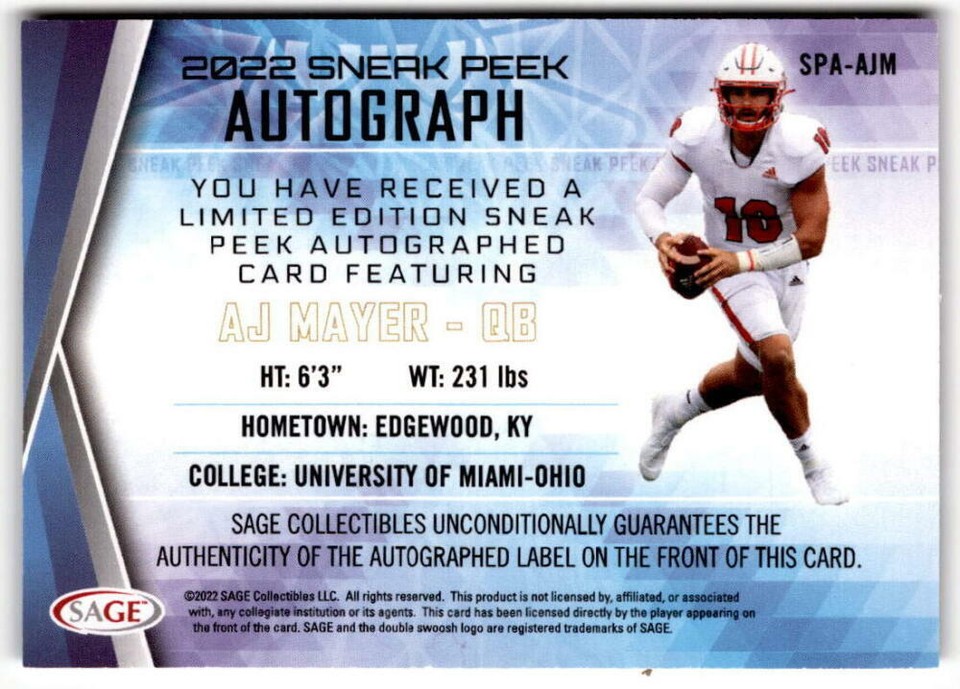 2022 Sage Low Series Sneak Peek Autograph Black #SPA-AJM A.J. Mayer NM ...