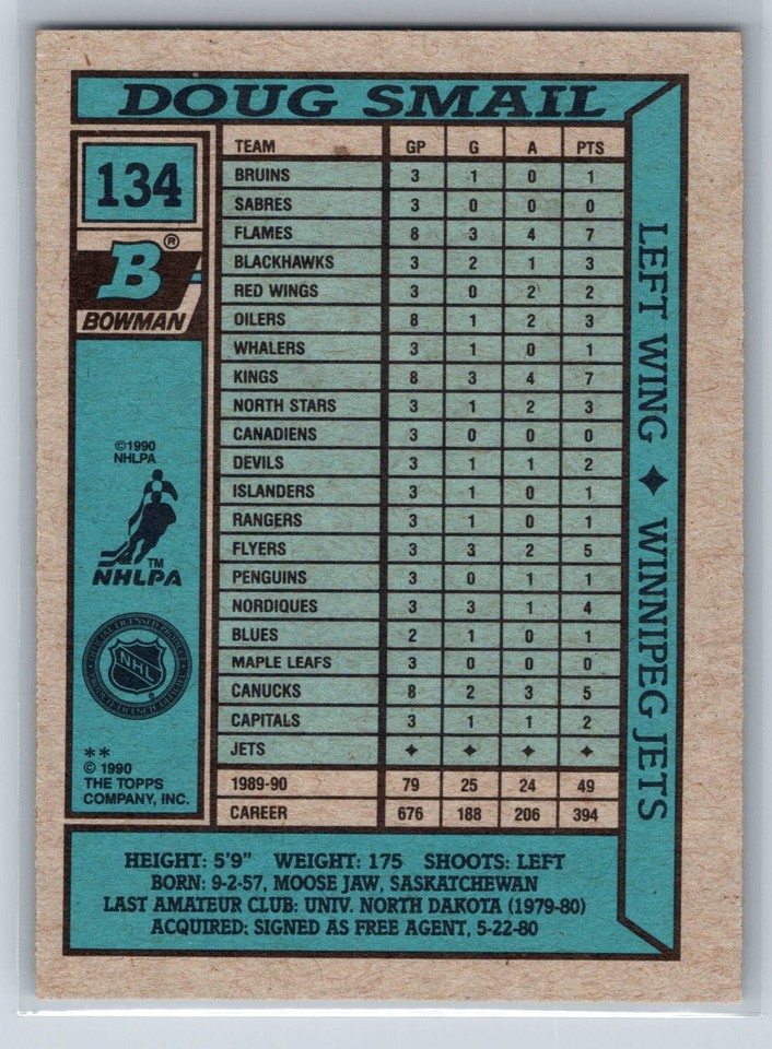 1990-91 Bowman Doug Smail Winnipeg Jets #134 | eBay