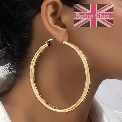 BIG thick 98mm GOLD FINISH metal HOOPS large HUGE EARRINGS fashion stud ...