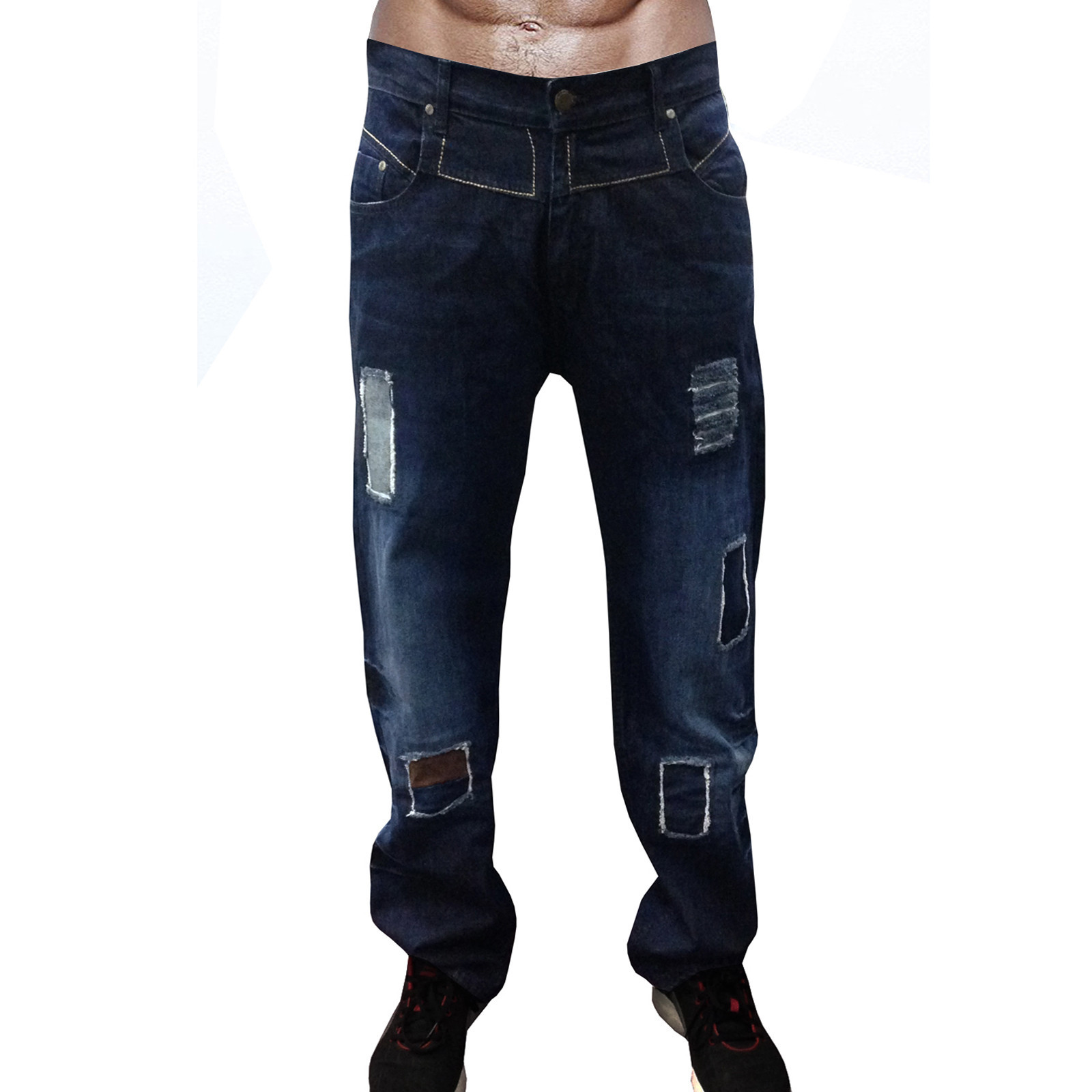 Mens Regular Fit Faded Ripped Jeans Straight Leg Distressed Denim ...