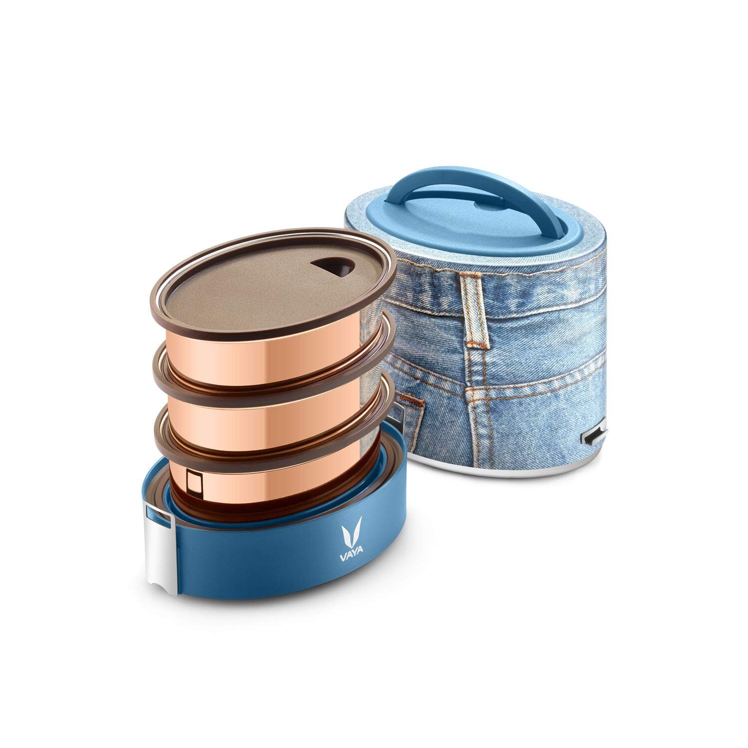Copper-Finished Stainless Steel Lunch Box, 1000 ml, 3 Containers, Denim ...