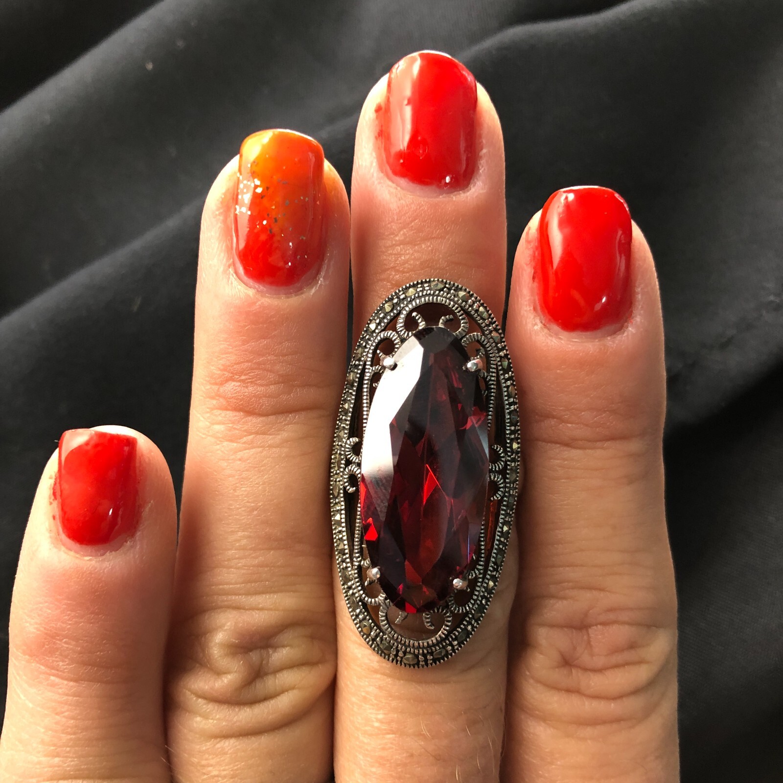 Estate Sterling Silver Red Gothic Marcasite Statement… - Gem