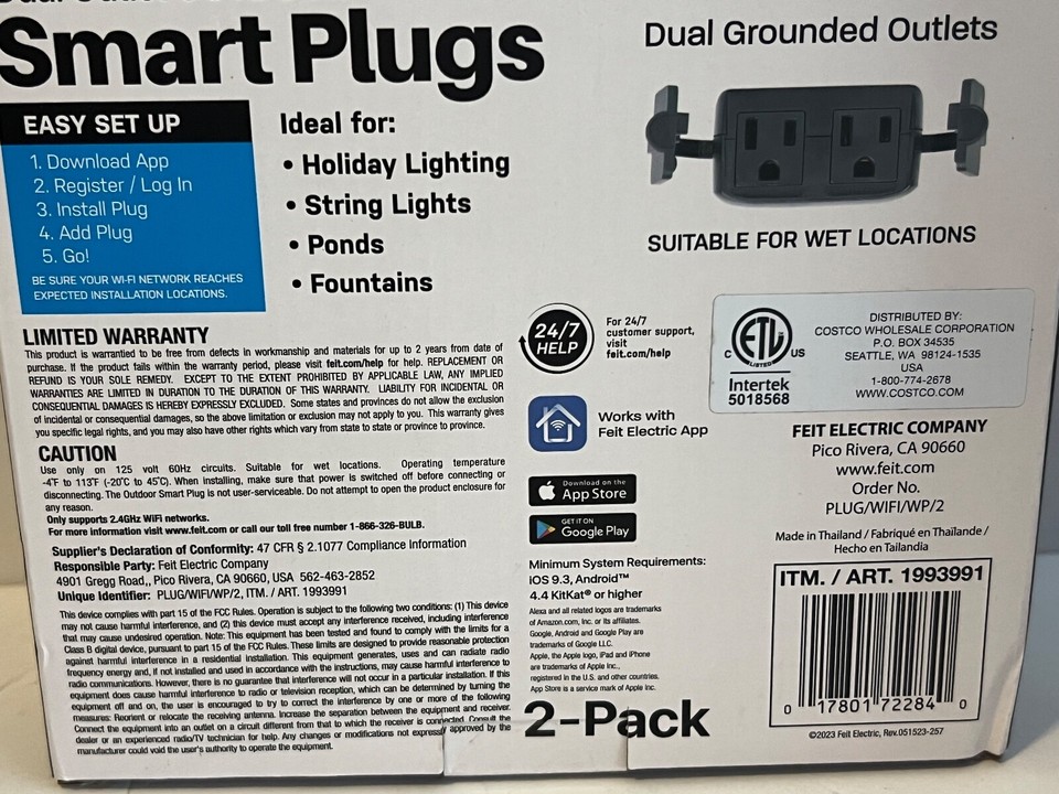 Feit Electric Triple Outlet Outdoor WiFi Smart Plugs 2 Pack. open box ...