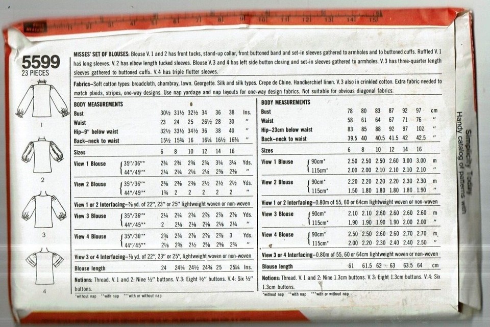 Simplicity #5599 VTG Set of Blouses with variations Pattern Size: 10 ...