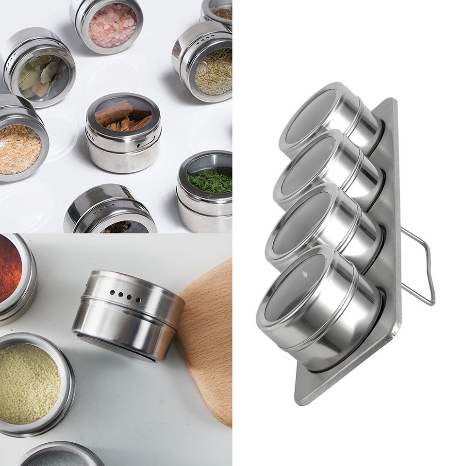 4/6/9/12 Magnetic Spice Jar w Rack Stainless Steel Spice Sauce Storage ...