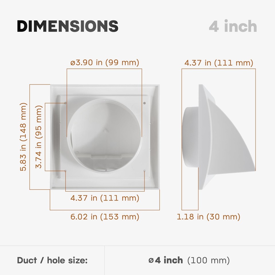 4 Inch White Plastic Dryer Vent Cover with Backdraft Damper – Exterior ...