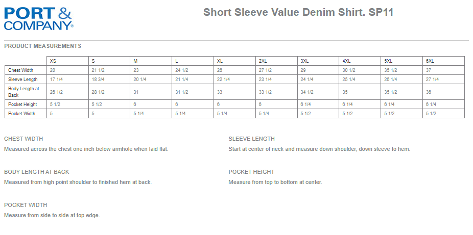 Port & Company SP11 Men's Cotton Short Sleeve Left Chest Pocket Denim ...