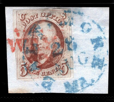 MOMEN: US STAMPS #1 RED WAY 5 + BLUE BALTIMORE MD 28 AUG IMPERF USED ...