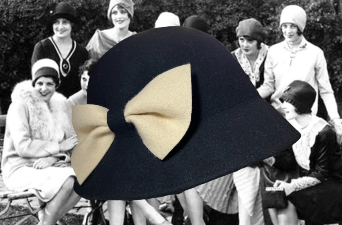 Cloche Wool HAT Bucket Flapper 30s Style Black With C… - Gem