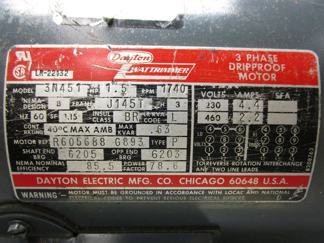 Dayton Wattrimmer 3N451 Motor Drip Proof 3ph 1.5hp Frame J145t 230/460v ...
