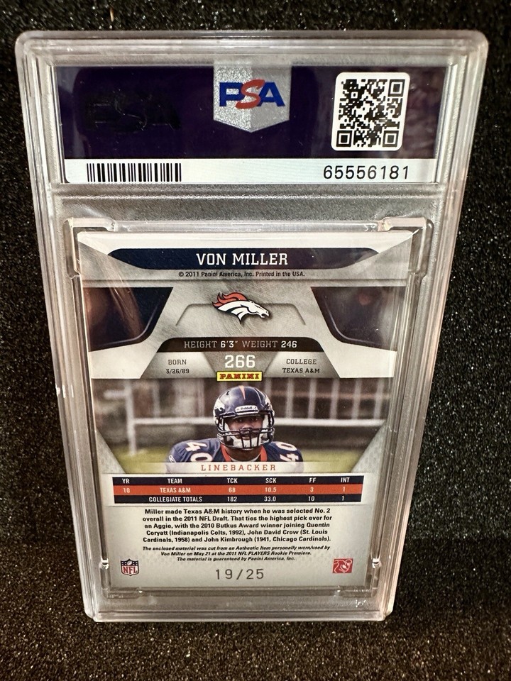 2011 Panini Certified Von Miller RPA Patch Rookie RC 19/25 PSA 10 (Pop ...