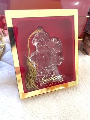 Vtg Gorham SNOWMAN W/ GIFT XMASS Ornament Crystal clear GLASS 3 ...