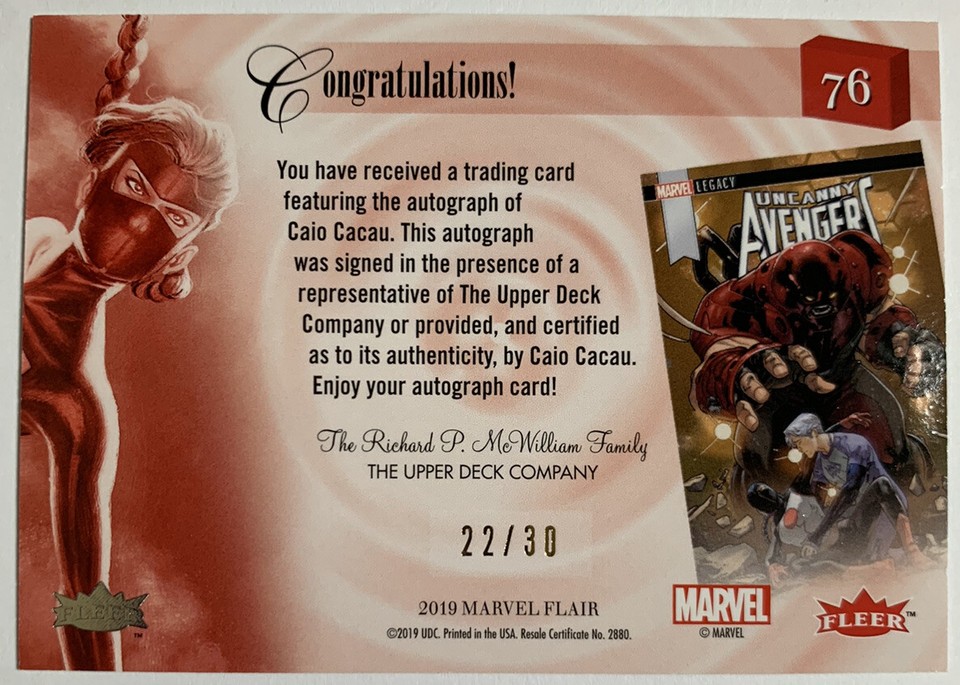2019 Marvel Flair Auto Artist Autograph #/30! Synapse by Caio Cacau ...