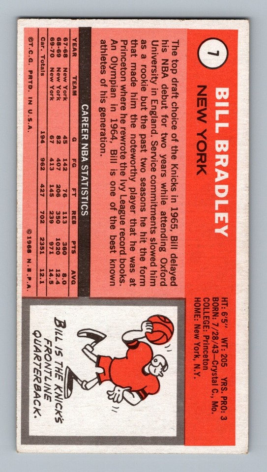 1970 Topps Tall Boy #7 Bill Bradley EX-EXMT Vintage HOF Basketball Card ...