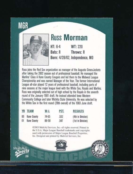 2003 Multi-Ad Sports Augusta GreenJackets Russ Morman signed auto ...