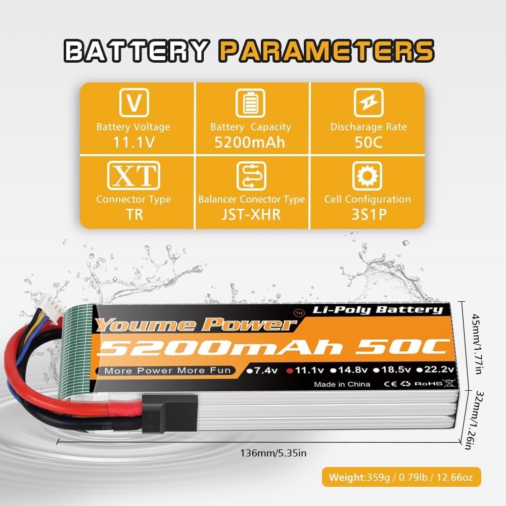 3S Battery Lipo,2 Packs 11.1V Lipo Battery 5200mAh with Tr Plug for RC ...