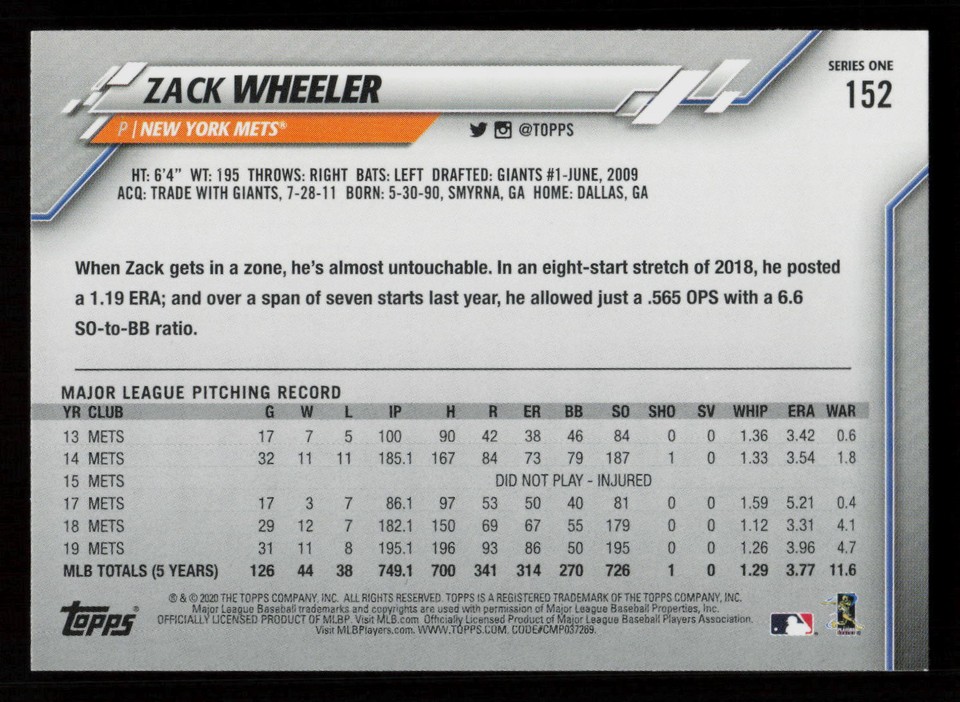 2020 Topps Zack Wheeler #152 New York Mets Baseball Card | eBay